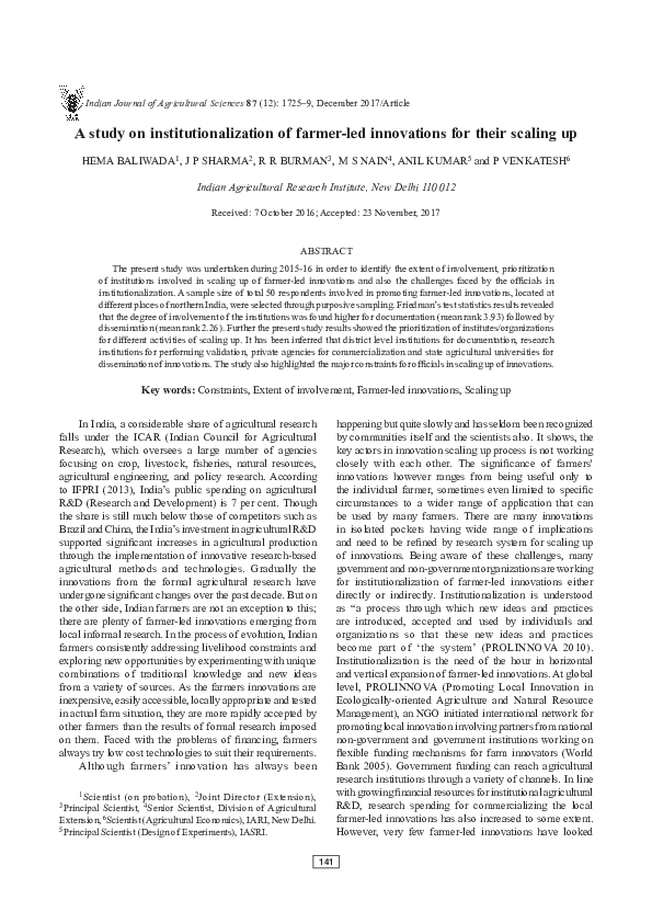 (PDF) A study on institutionalization of farmer-led innovations for their scaling up