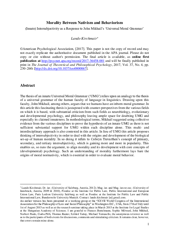 (PDF) Morality Between Nativism and Behaviorism. (Innate ...