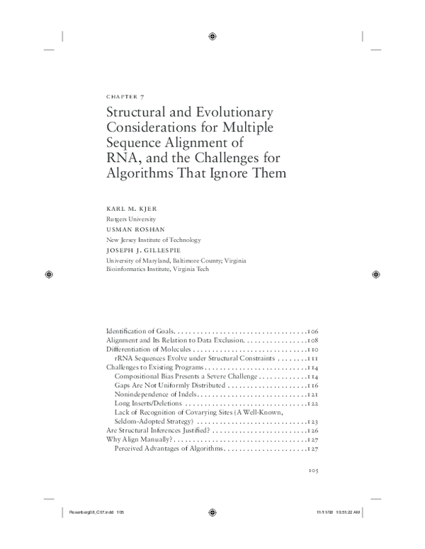 (PDF) Structural and Evolutionary Considerations for Multiple Sequence Alignment of RNA, and the ...