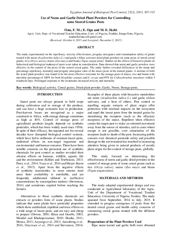 (PDF) Use of Neem and Garlic Dried Plant Powders for Controlling some ...