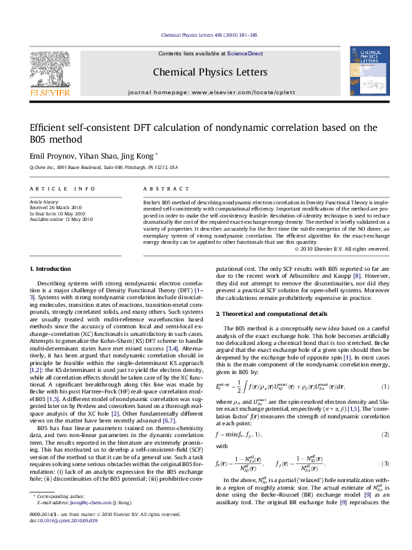 Pdf Efficient Self Consistent Dft Calculation Of Nondynamic Correlation Based On The B05 Method