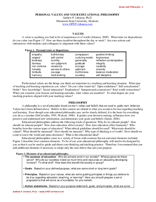 (PDF) PERSONAL AND PROFESSIONAL VALUES AND YOUR EDUCATIONAL PHILOSOPHY