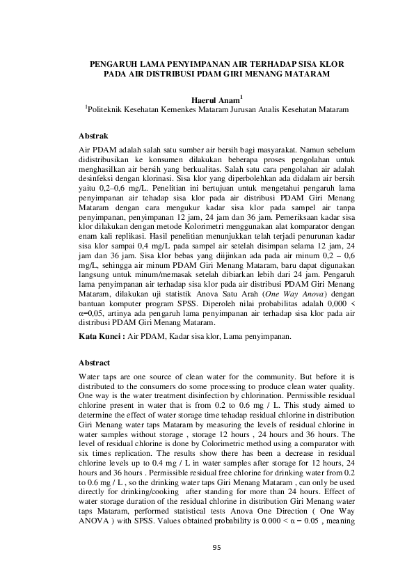 (PDF) PENGARUH LAMA PENYIMPANAN AIR TERHADAP SISA KLOR PADA AIR DISTRIBUSI PDAM GIRI MENANG MATARAM