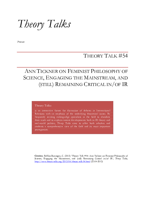 (PDF) Theory Talk#54: Interview with Ann Tickner on Feminist philosophy ...