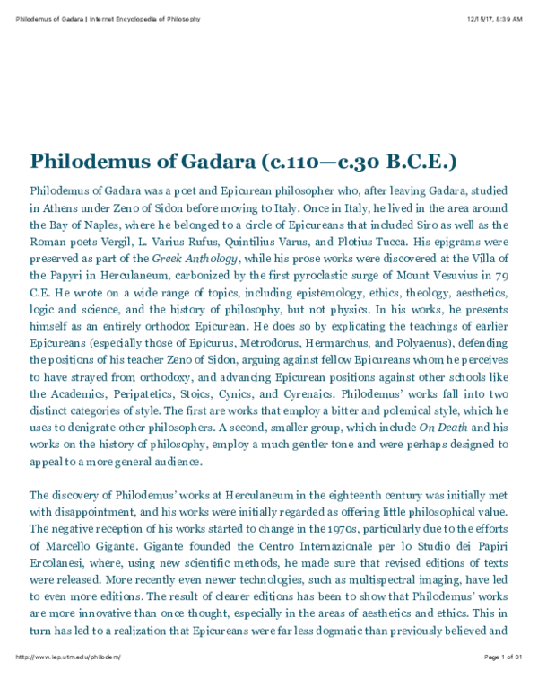(PDF) Philodemus of Gadara (c.110—c.30 B.C.E.)