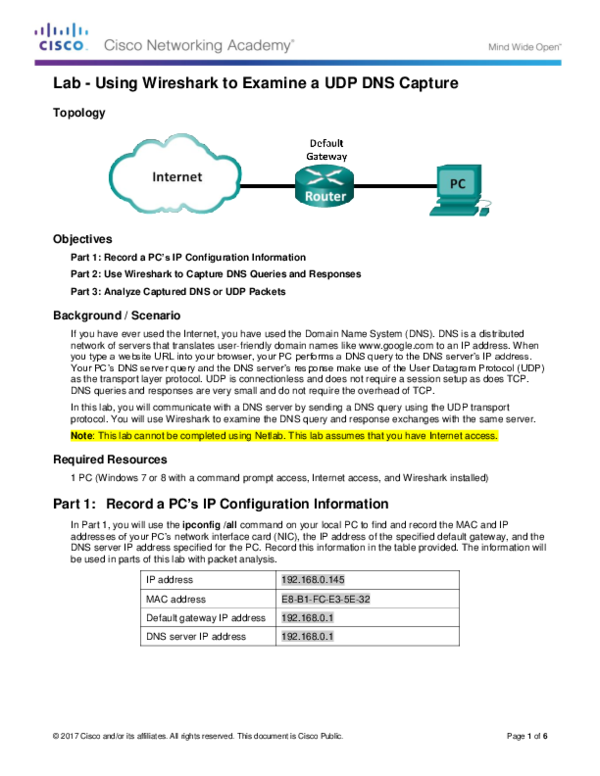 (DOC) Lab -Using Wireshark to Examine a UDP DNS Capture Topology Objectives Part 1: Record a PC ...
