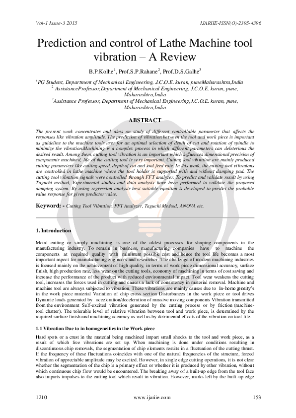 (PDF) Prediction and control of Lathe Machine tool vibration – A Review