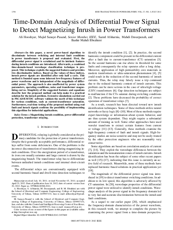 (PDF) Time-Domain Analysis of Differential Power Signal to Detect Magnetizing Inrush in Power ...