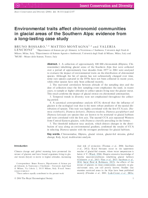 (PDF) Environmental traits affect chironomid communities in glacial ...