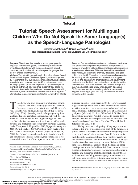 (PDF) Tutorial: Speech assessment for multilingual children who do not ...