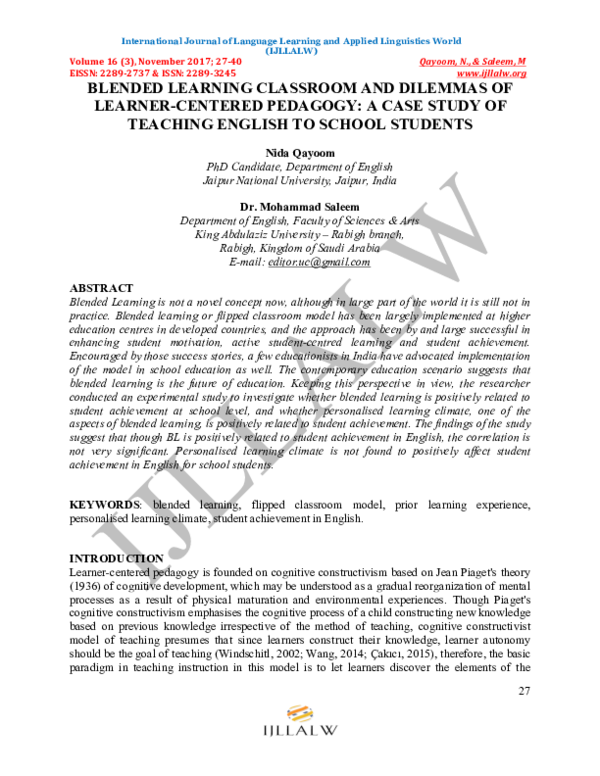 (PDF) Blended Learning Classroom and Delimmas of Learner-Centered Pedagogy:A Case study of ...