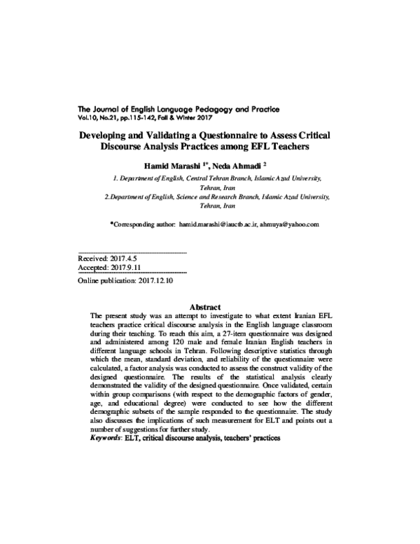 Pdf Developing And Validating A Questionnaire To Assess Critical Discourse Analysis Practices