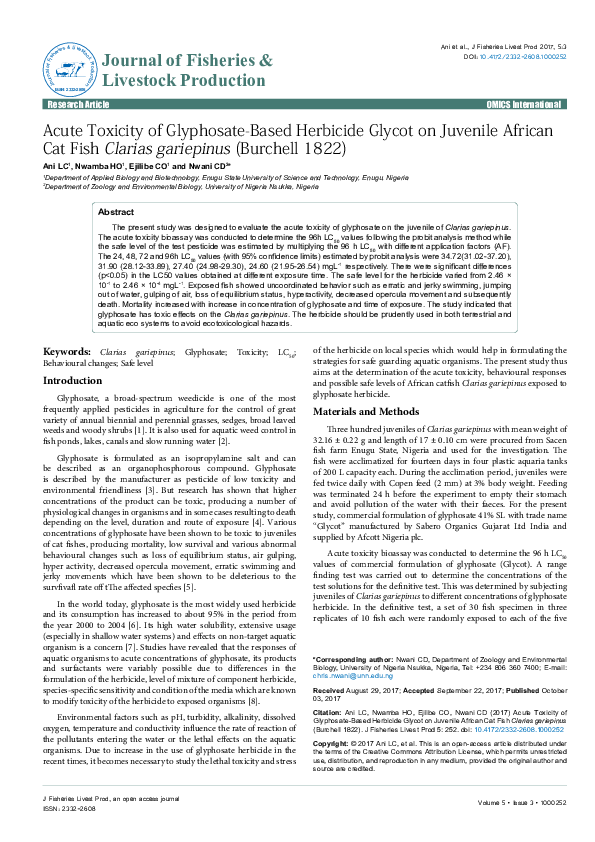(PDF) Acute Toxicity of Glyphosate-Based Herbicide Glycot on Juvenile ...