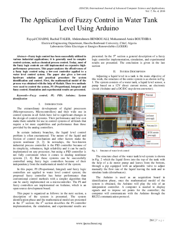 Pdf The Application Of Fuzzy Control In Water Tank Level Using Arduino