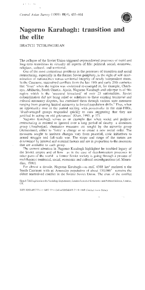 (PDF) Hratch Tchiligirian, "Nagorno Karabakh: transition and the elite"