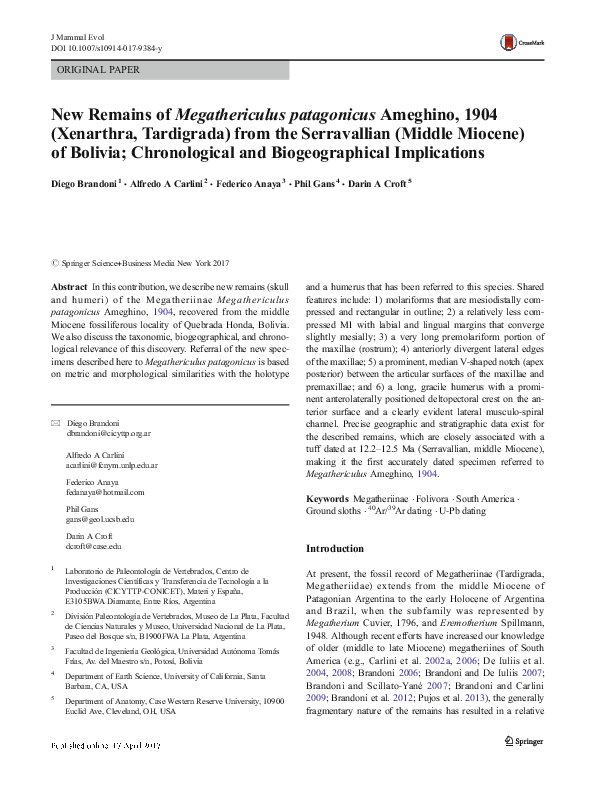 (PDF) New remains of Megathericulus patagonicus Ameghino (Xenarthra ...