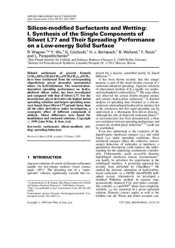 (PDF) Silicon-modified surfactants and wetting: I. Synthesis of the ...