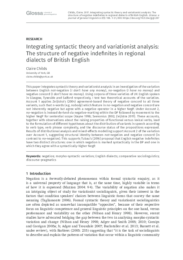 (PDF) Integrating syntactic theory and variationist analysis: The structure of negative ...
