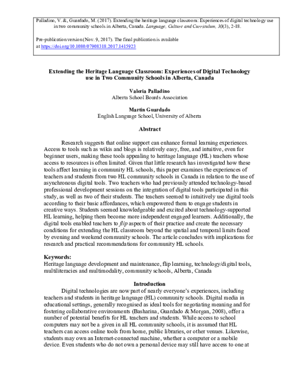 (PDF) Extending the Heritage Language Classroom: Experiences of Digital ...