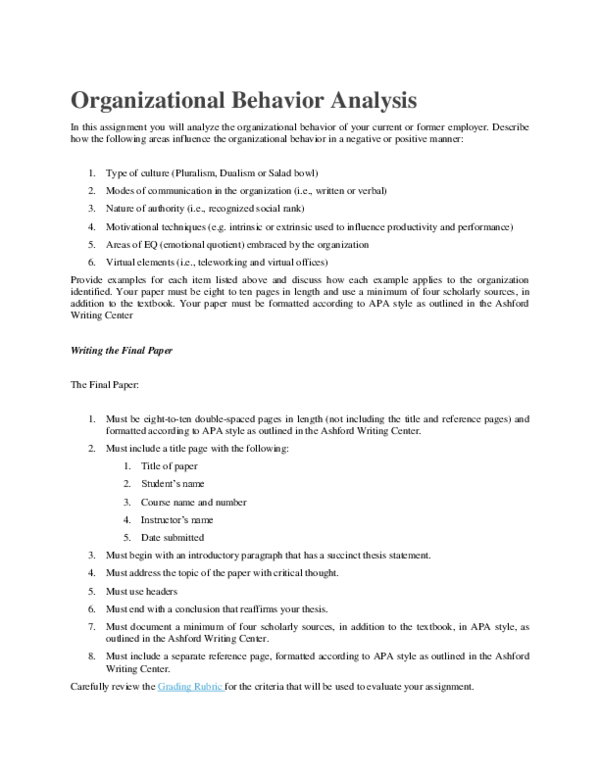 (DOC) Organizational Behavior Analysis