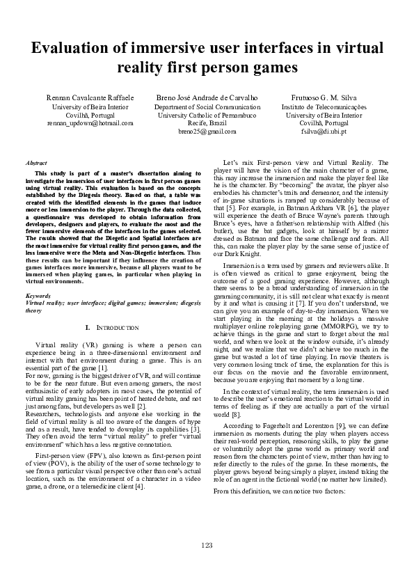 (PDF) Evaluation of immersive user interfaces in virtual reality first ...