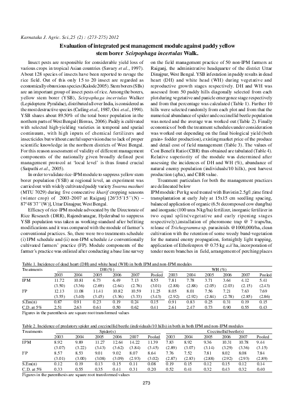 (PDF) Evaluation of integrated pest management module against paddy yellow stem borer ...