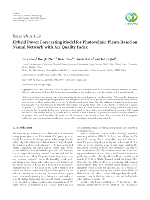Pdf Hybrid Power Forecasting Model For Photovoltaic Plants Based On Neural Network With Air