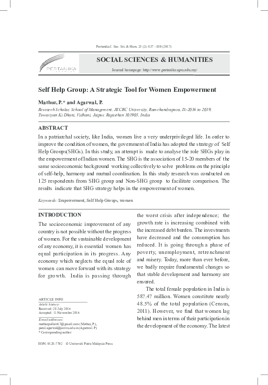 (PDF) Self Help Group: A Strategic Tool for Women Empowerment