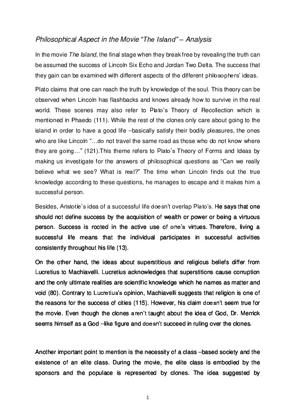 (DOC) Philosophical Aspect in the Movie " The Island " – Analysis