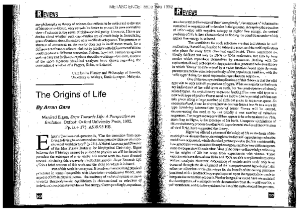 (PDF) Review of Manfred Eigen 'Steps Towards Life' Metascience 1992