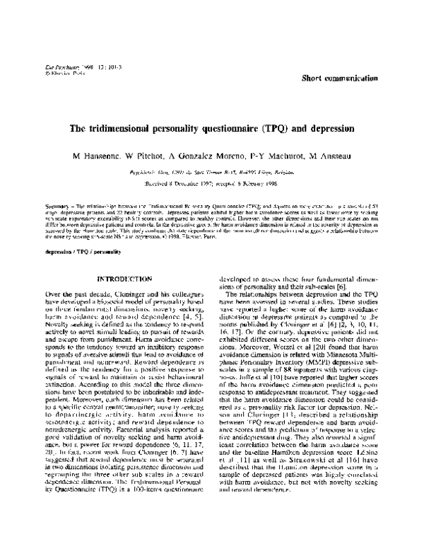 (PDF) The tridimensional personality questionnaire (TPQ) and depression