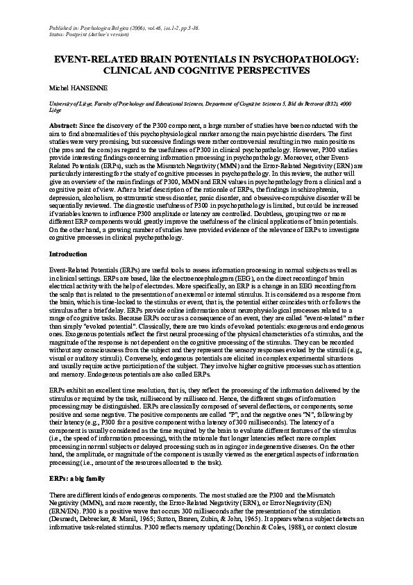 (PDF) Event-Related Brain Potentials in Psychopathology: Clinical and cognitive perspectives