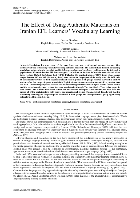 (PDF) The Effect of Using Authentic Materials on Iranian EFL Learners' Vocabulary Learning