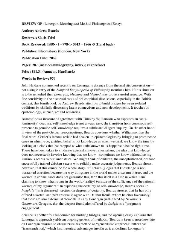 (PDF) Review of Andrew Beards, Lonergan Meaning and Method