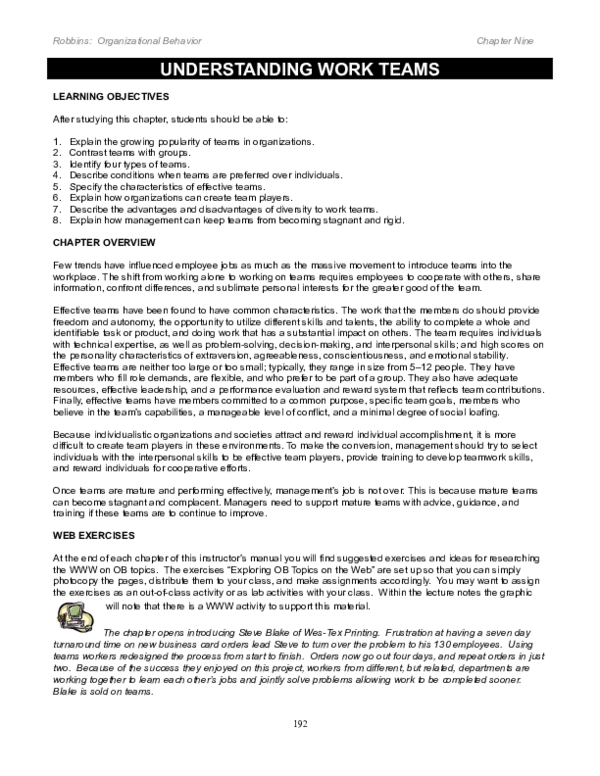 (DOC) UNDERSTANDING WORK TEAMS LEARNING OBJECTIVES