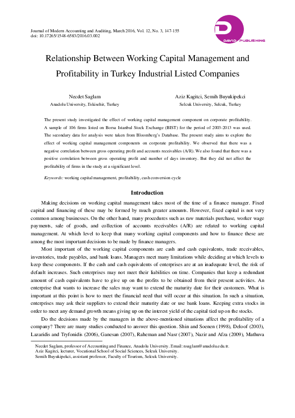 (PDF) Relationship Between Working Capital Management and Profitability in Turkey Industrial ...