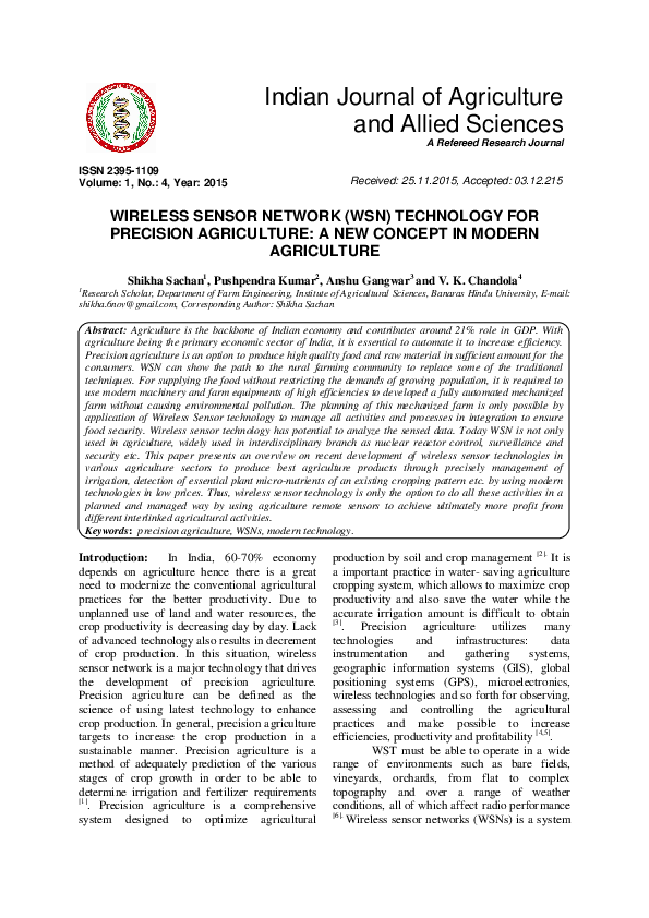 Pdf Wireless Sensor Network Wsn Technology For Precision Agriculture A New Concept In