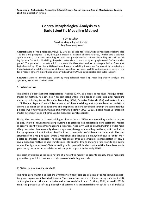 (PDF) General Morphological Analysis as a Basic Scientific Modelling Method | Tom Ritchey ...