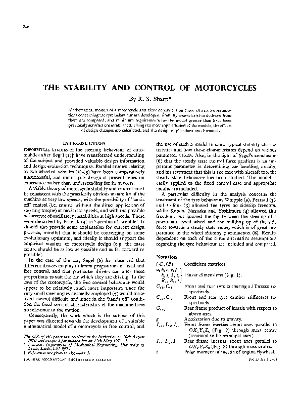 (PDF) THE STABILITY AND CONTROL OF MOTORCYCLES