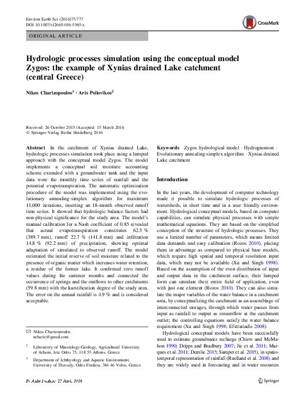 (PDF) Hydrologic processes simulation using the conceptual model Zygos: the example of Xynias ...