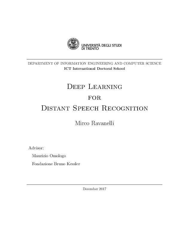 (PDF) Deep Learning for Distant Speech Recognition
