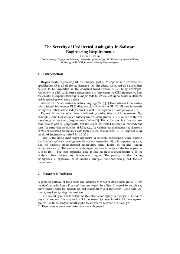 (PDF) The Severity of Undetected Ambiguity in Software Engineering Requirements