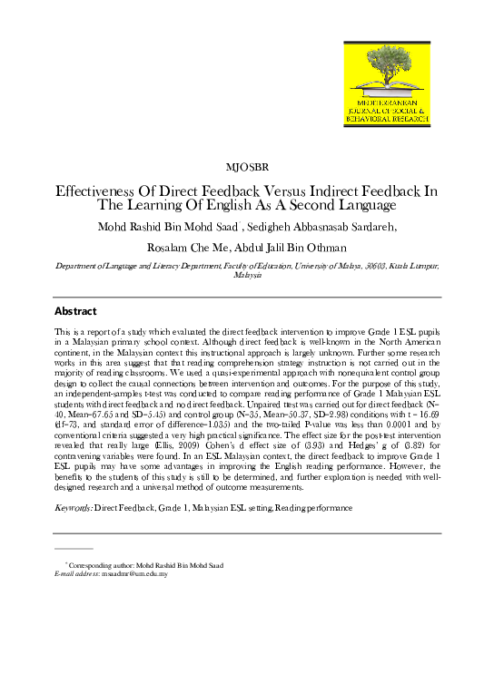 (PDF) Effectiveness Of Direct Feedback Versus Indirect Feedback In The ...