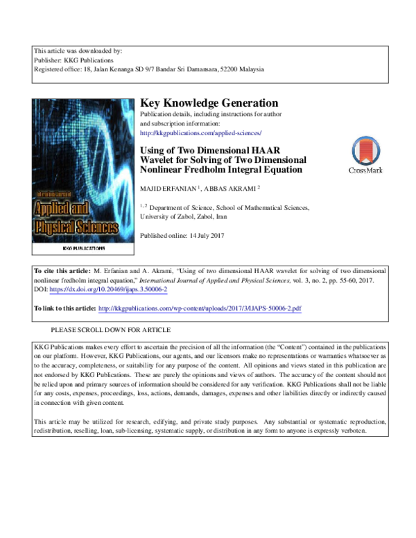 Pdf Using Of Two Dimensional Haar Wavelet For Solving Of Two Dimensional Nonlinear Fredholm