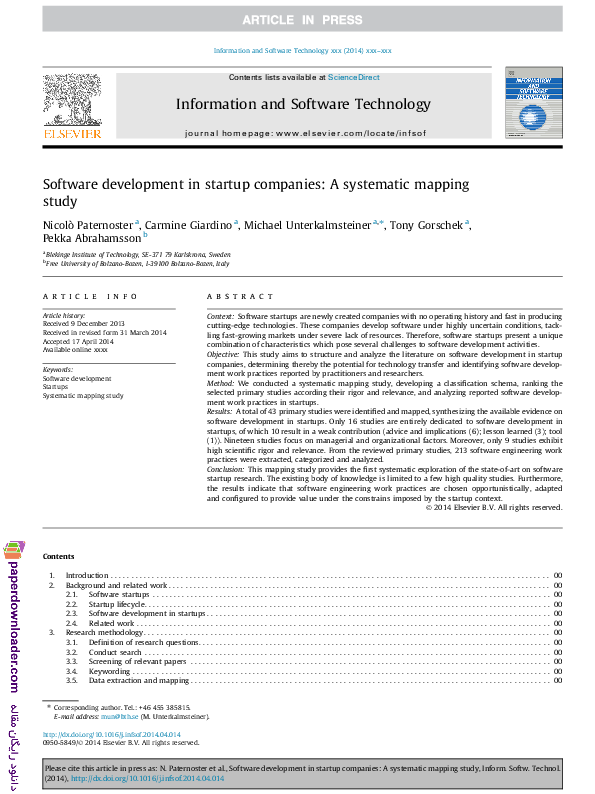 (PDF) Software development in startup companies: A systematic mapping study