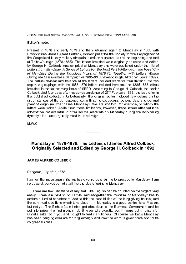 (PDF) Mandalay in 1878-1879: The Letters of James Alfred Colbeck ...