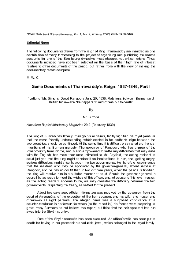 (PDF) Some Documents of Tharrawaddy’s Reign: 1837-1846, Part I [edited ...