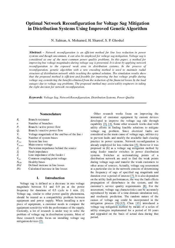 Pdf Optimal Network Reconfiguration For Voltage Sag Mitigation In Distribution Systems Using