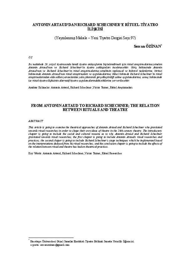 (PDF) Antonin Artaud'dan Richard Schechner'e Ritüel-Tiyatro İlişkisi