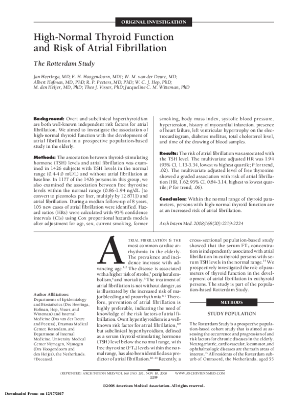 (PDF) High-Normal Thyroid Function and Risk of Atrial Fibrillation
